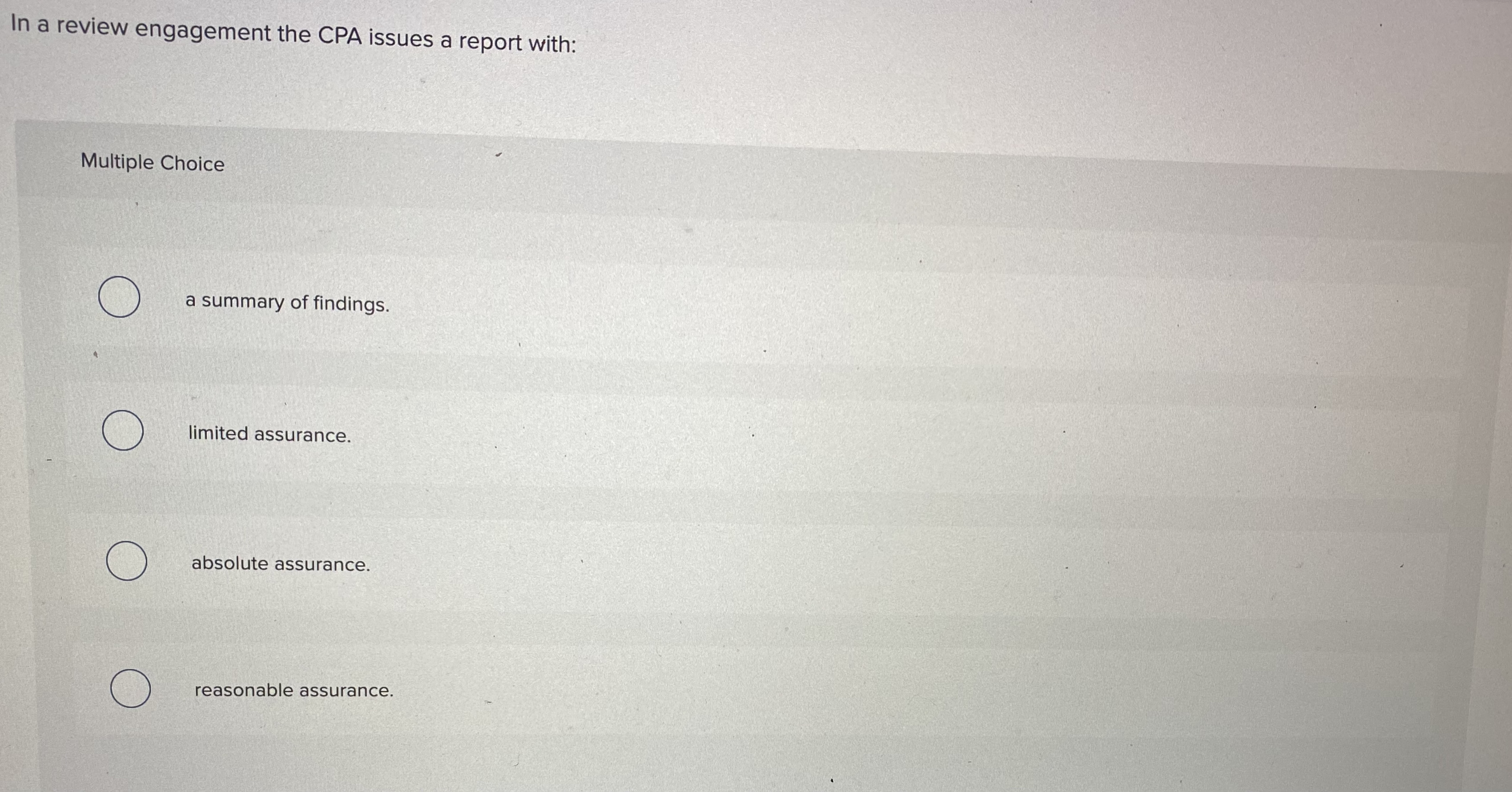 Solved In a review engagement the CPA issues a report | Chegg.com
