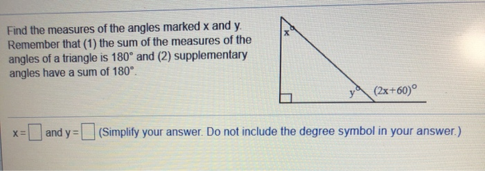 Solved Find the measures of the angles marked x and y. | Chegg.com