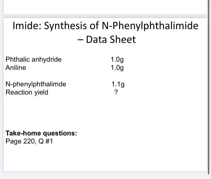Solved Imide: Synthesis of N-Phenylphthalimide - Data Sheet | Chegg.com