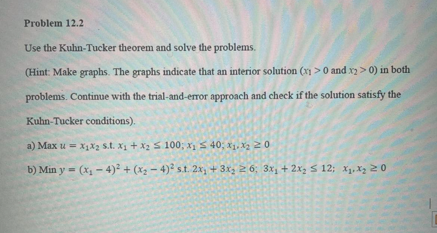 Solved Problem 12.2Use the Kuhn-Tucker theorem and solve the | Chegg.com