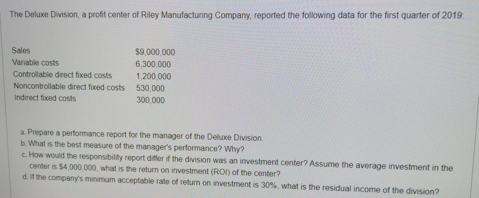 Solved The Deluxe Division, a profit center of Riley | Chegg.com
