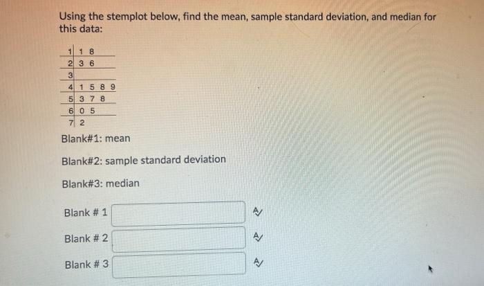 Solved Using the stemplot below, find the mean, sample | Chegg.com