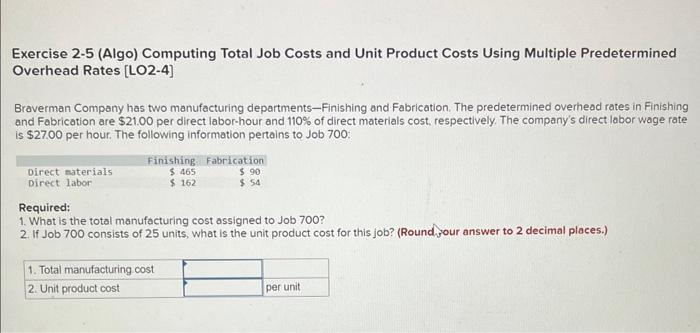 Solved Exercise 2-5 (Algo) Computing Total Job Costs and | Chegg.com