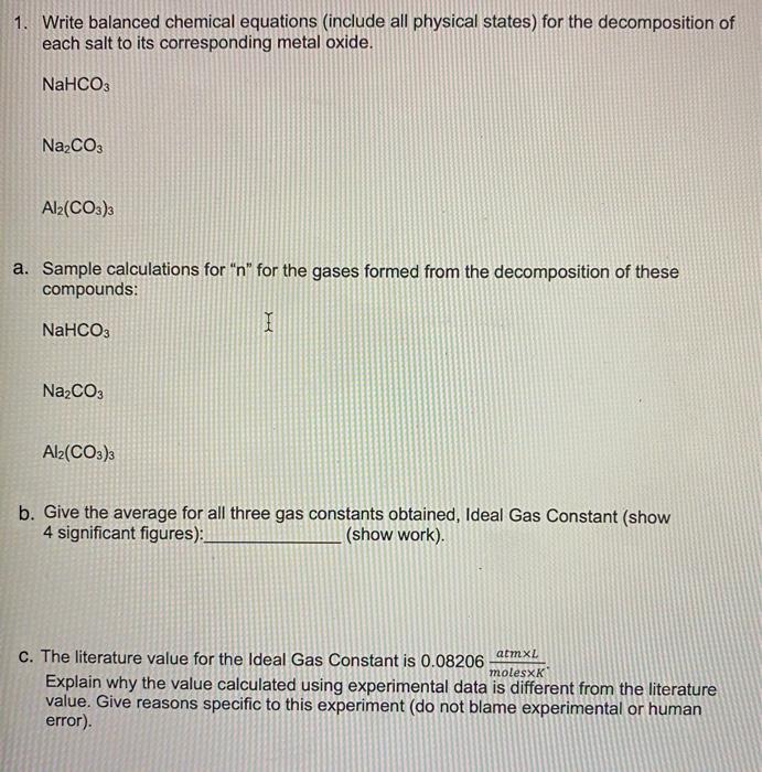 Solved 1. Write balanced chemical equations (include all | Chegg.com