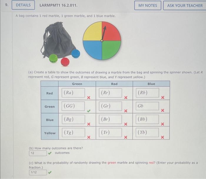 Solved A bag contains 1 red marble, 1 green marble, and 1 | Chegg.com