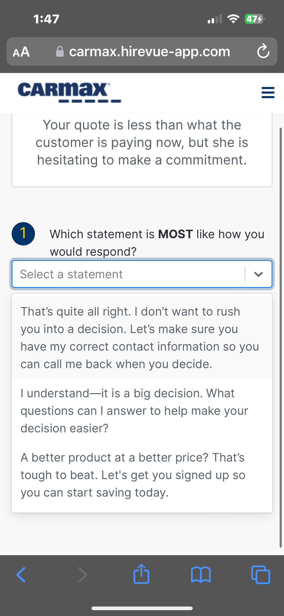 Solved 1:47474AA carmax.hirevue-app.comCARIIRX:Your quote is | Chegg.com