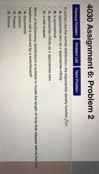 Solved 4030 Assignment 6: Problem 2 Previous Problem Problem | Chegg.com