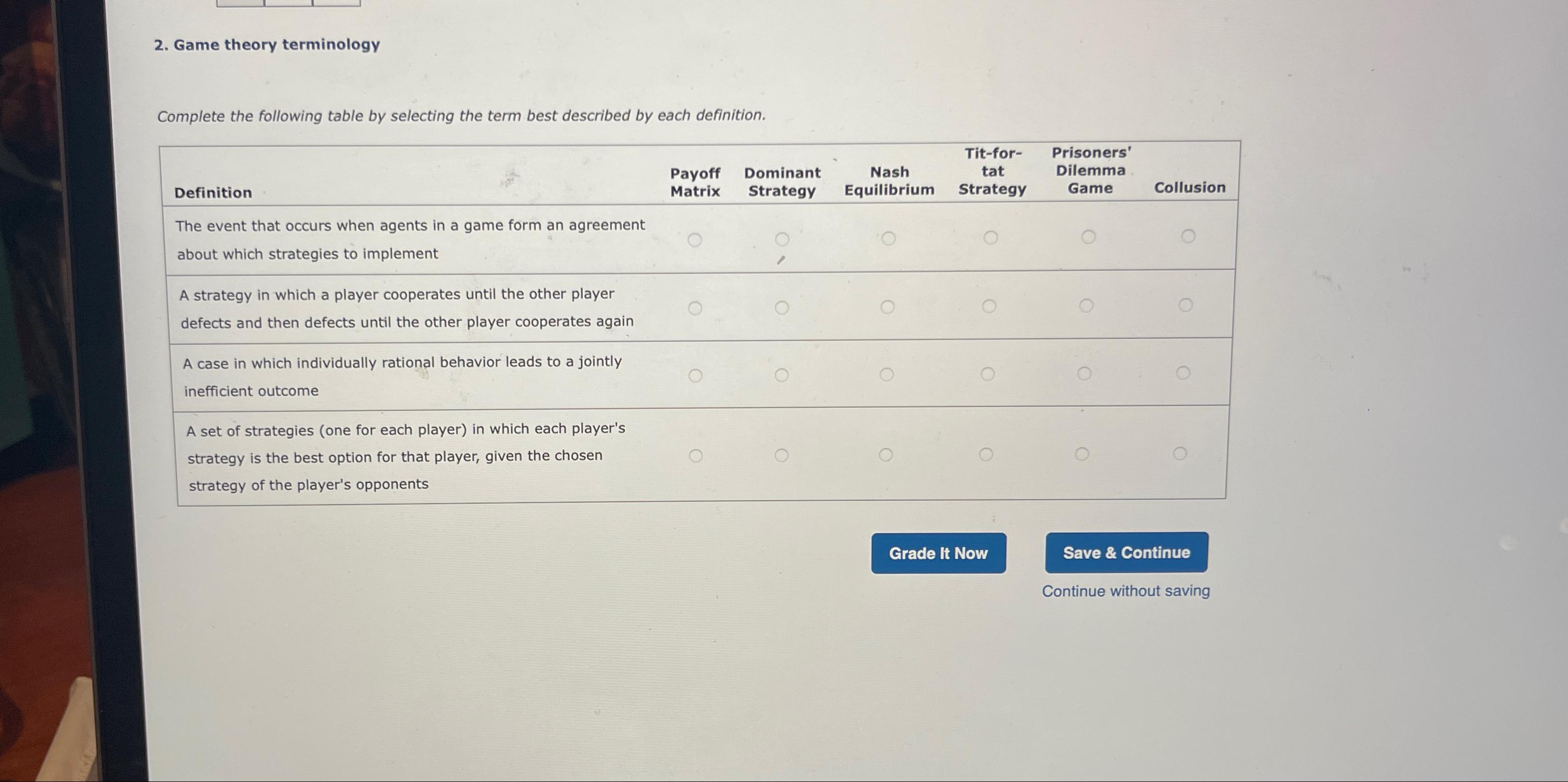 Solved Game theory terminologyComplete the following table | Chegg.com