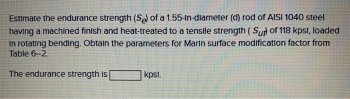 Solved Estimate the endurance strength (Se of a | Chegg.com