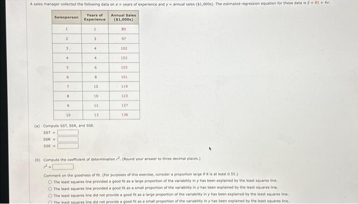 Solved A sales manaser collected the following data on x= | Chegg.com
