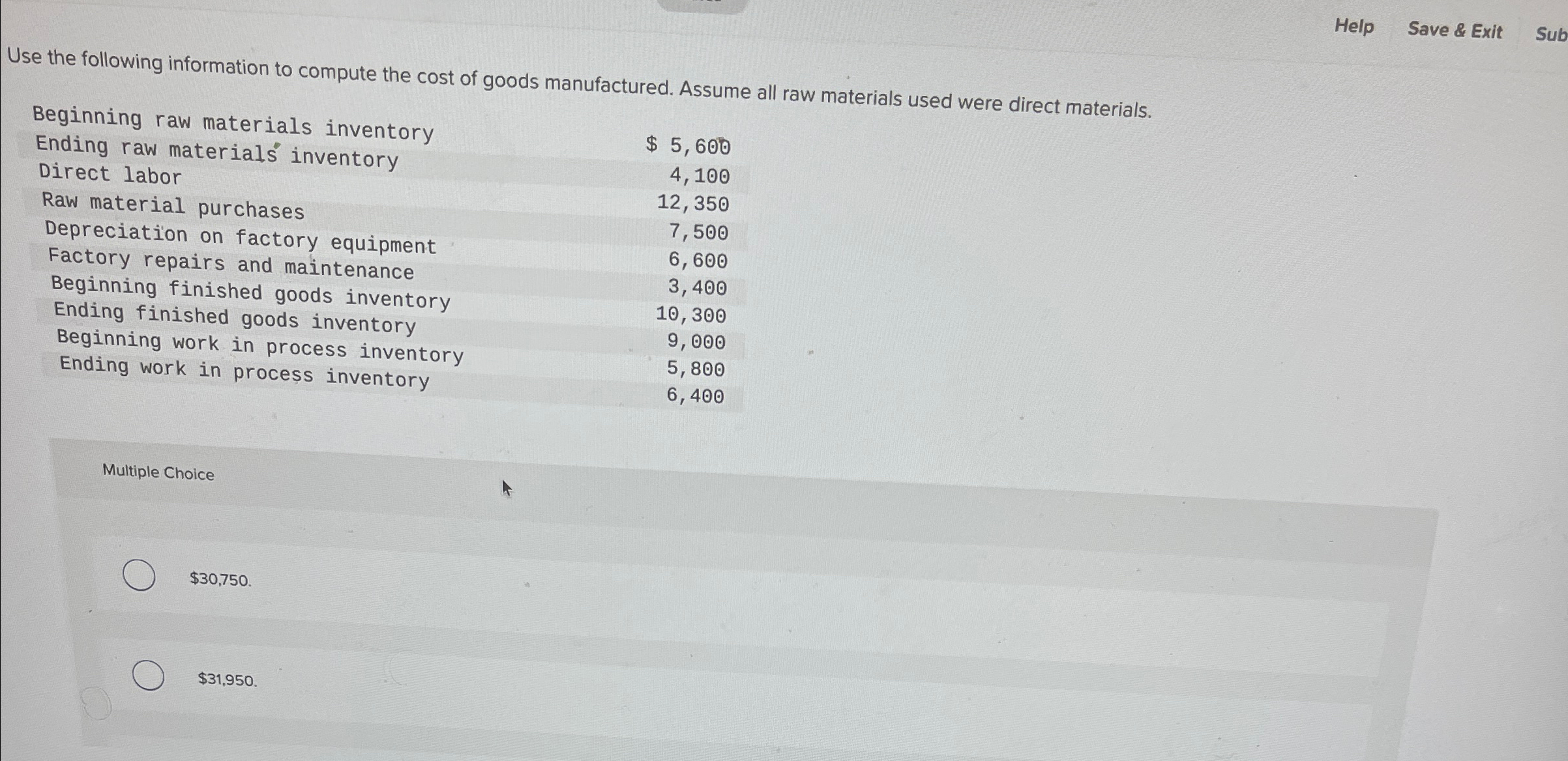 Solved HelpSave & ExitSubUse the following information to | Chegg.com