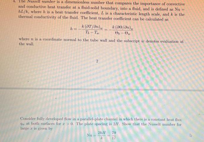 Solved 4. The Nusselt number is a dimensionless number that | Chegg.com
