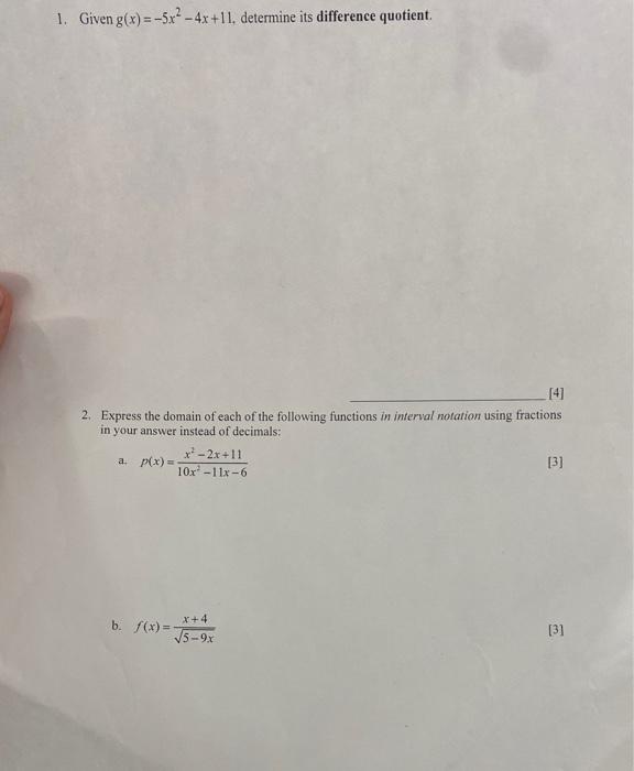 Solved 1. Given g(x)=−5x2−4x+11, determine its difference | Chegg.com