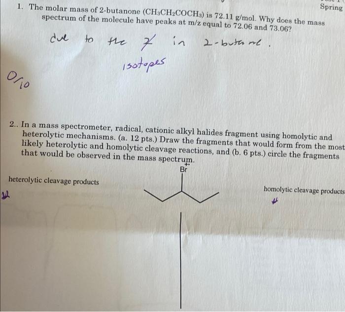 Solved Spring 1. The molar mass of 2-butanone (CH3CH2COCH) | Chegg.com