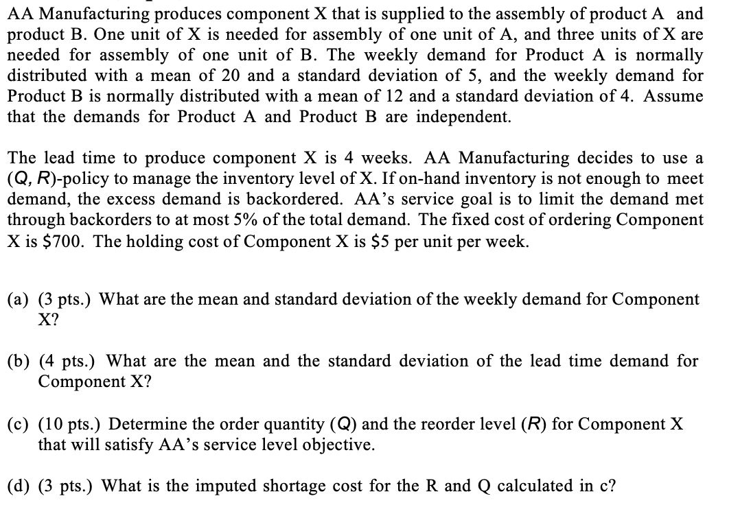 Solved AA Manufacturing produces component x ﻿that is | Chegg.com
