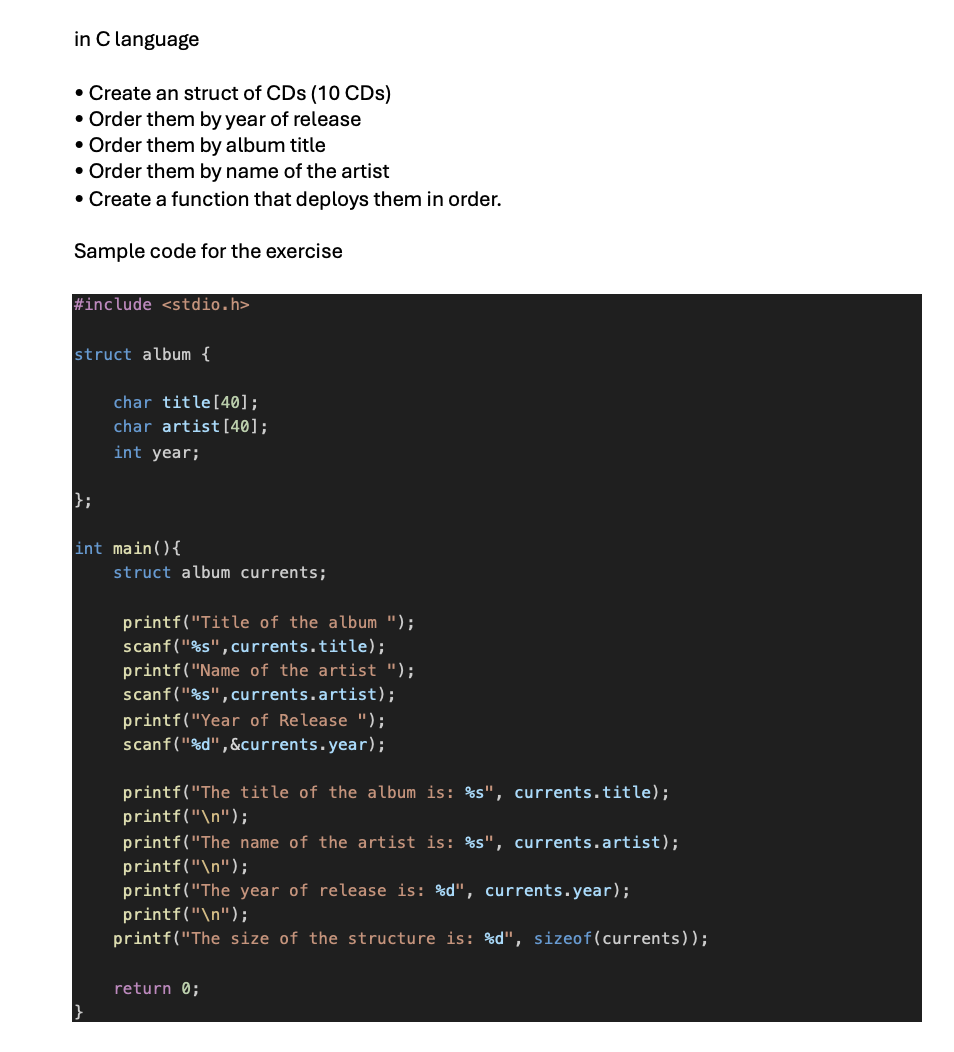 Solved in C language• ﻿Create an struct of CDs (10 ﻿CDs) ﻿• | Chegg.com