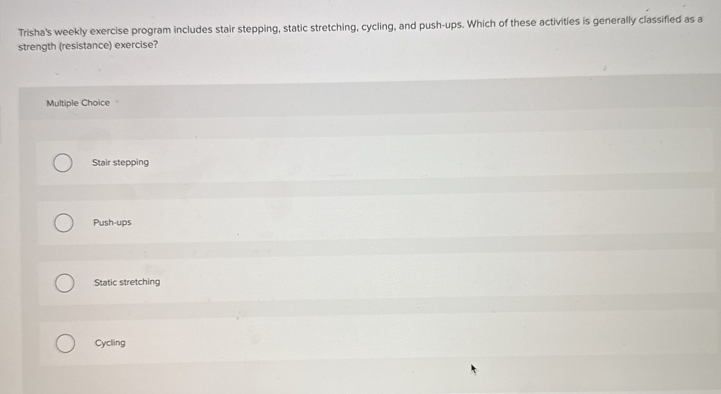 Solved Trisha's weekly exercise program includes stair | Chegg.com