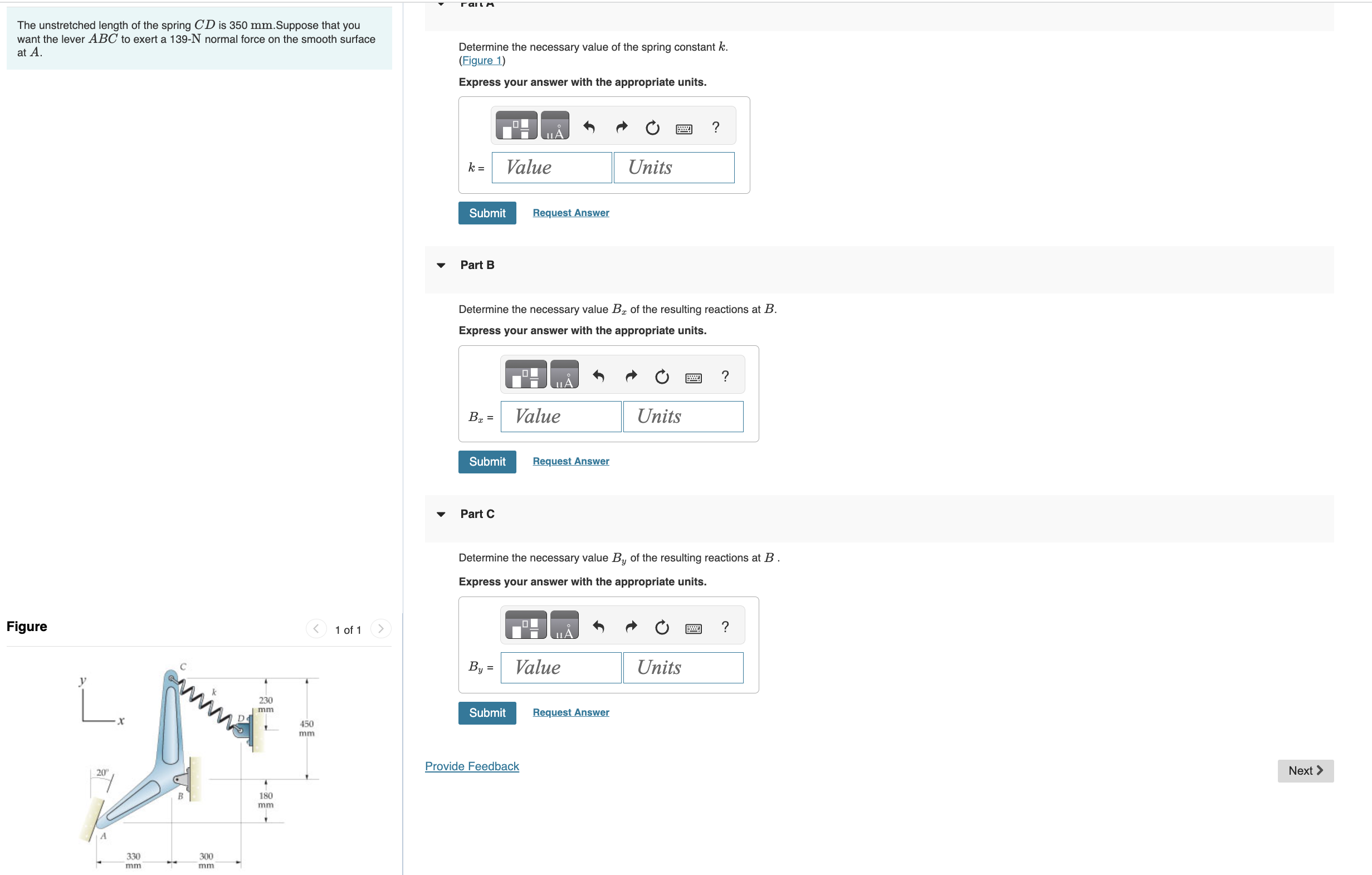 Solved The unstretched length of the spring CD ﻿is 350mm. | Chegg.com