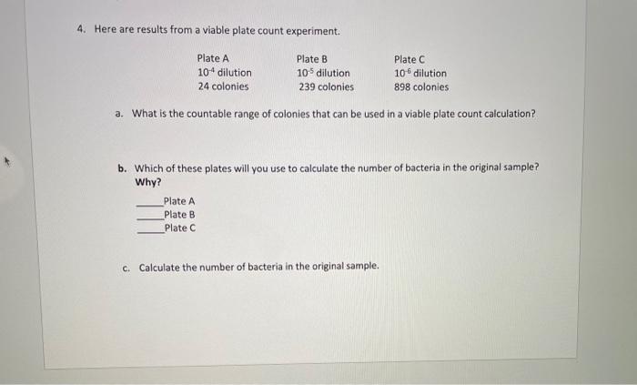 Solved 4. Here are results from a viable plate count | Chegg.com