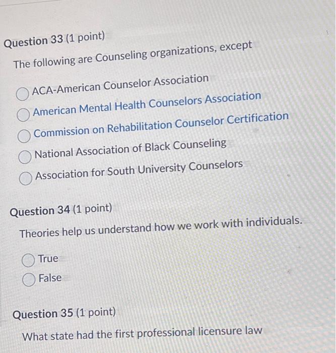 Solved Question 33 (1 point) The following are Counseling | Chegg.com