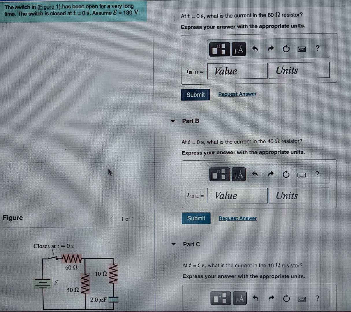 Solved The switch in (Figure 1) ﻿has been open for a very | Chegg.com