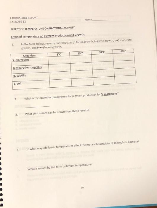 Solved EXERCISE 12 EFFECT OF TEMPERATURE ON BACTERIAL | Chegg.com