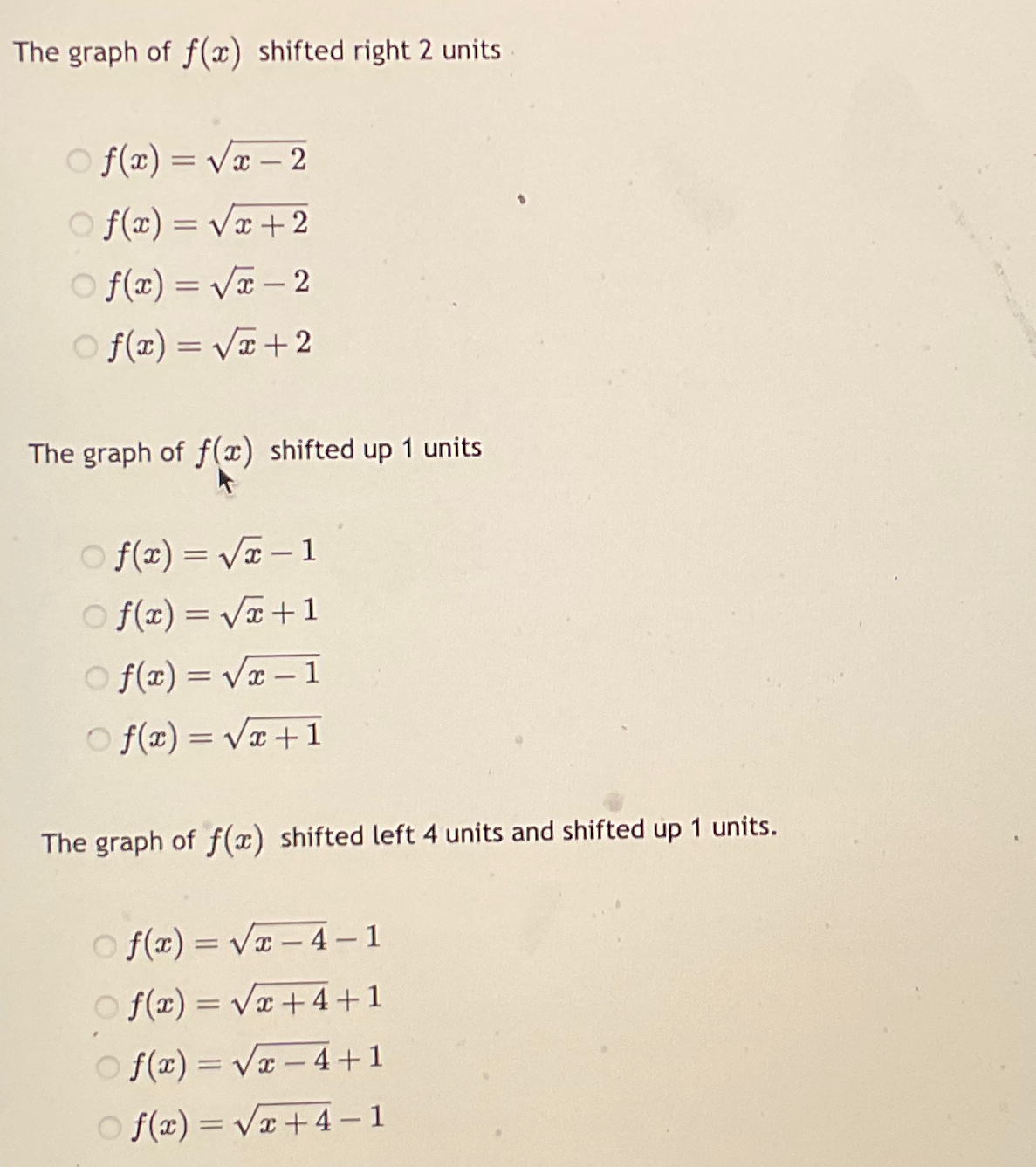 Solved The graph of f(x) ﻿shifted right 2 | Chegg.com