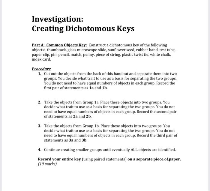 Solved Investigation: Creating Dichotomous Keys Part A: | Chegg.com