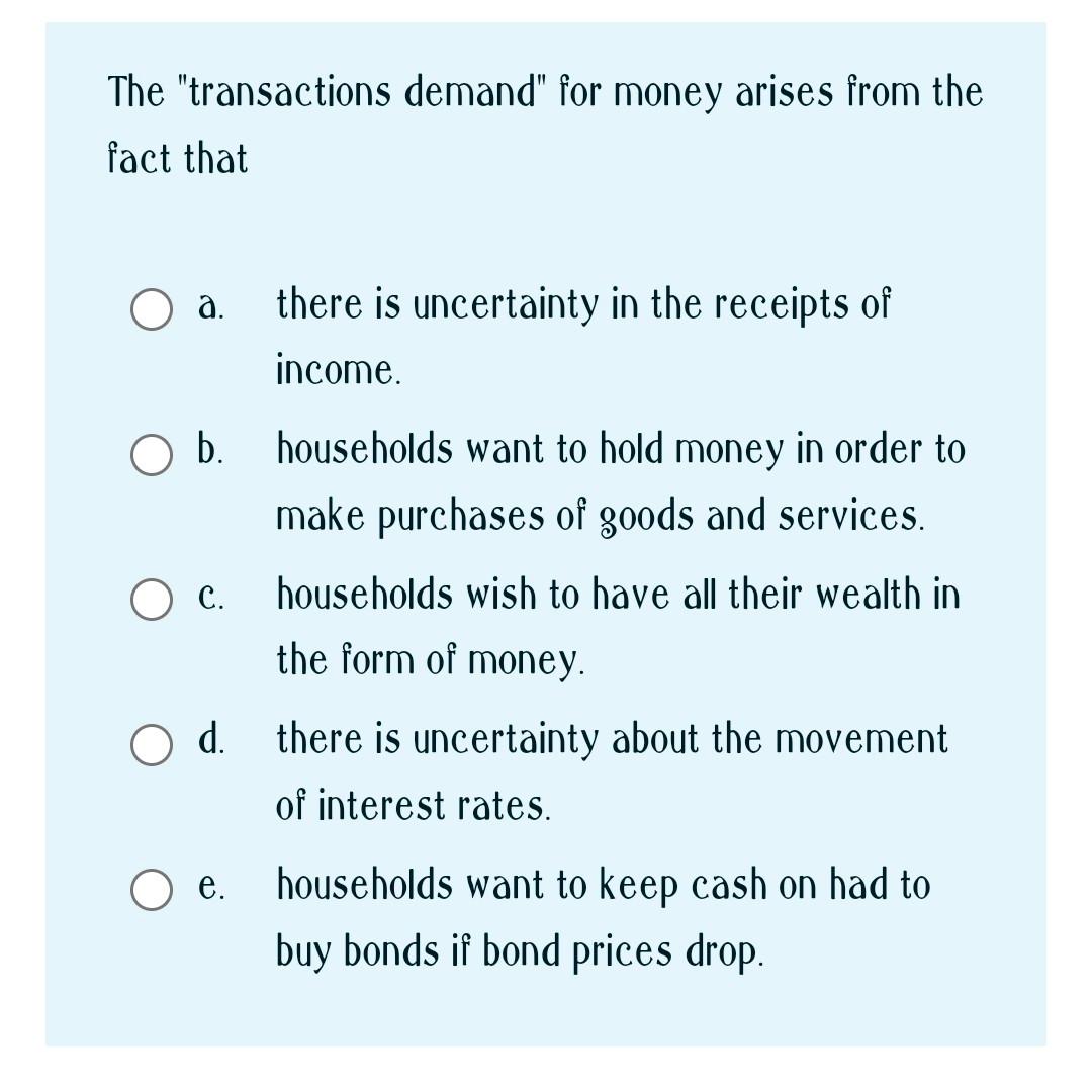 Solved The "transactions demand" for money arises from the | Chegg.com