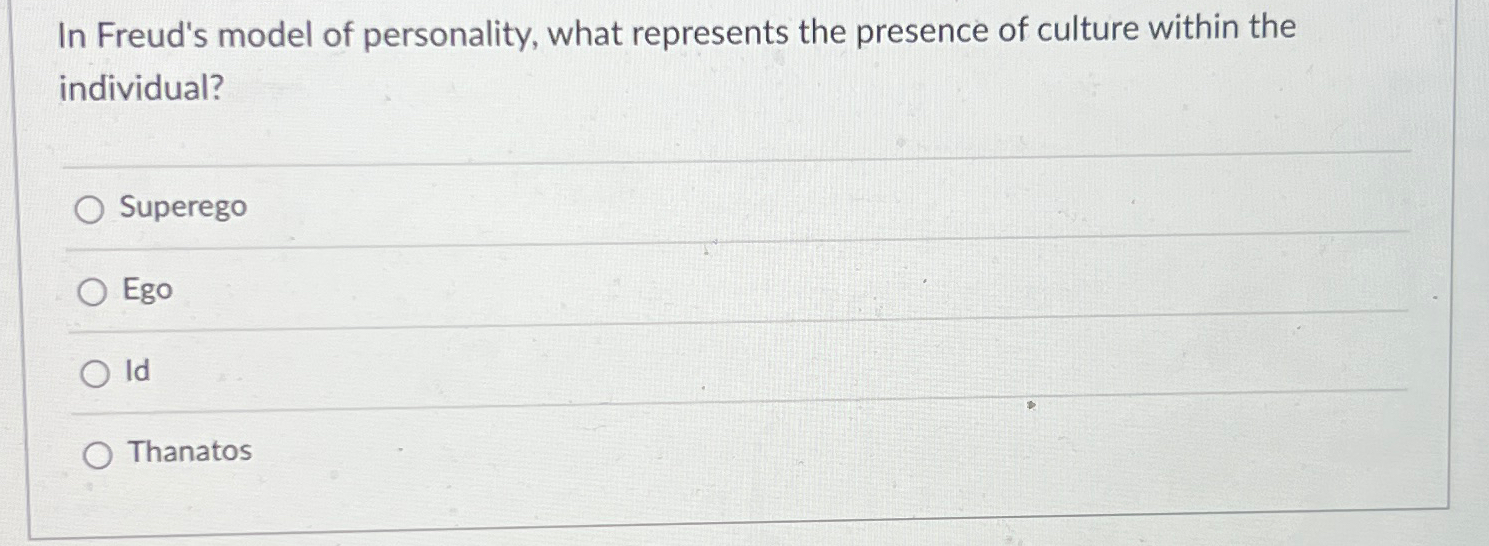 Solved In Freud's model of personality, what represents the | Chegg.com