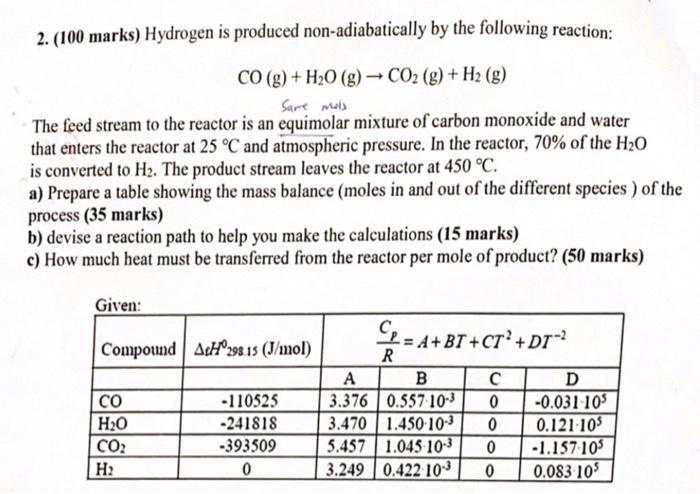 Solved 2. (100 marks) Hydrogen is produced non-adiabatically | Chegg.com