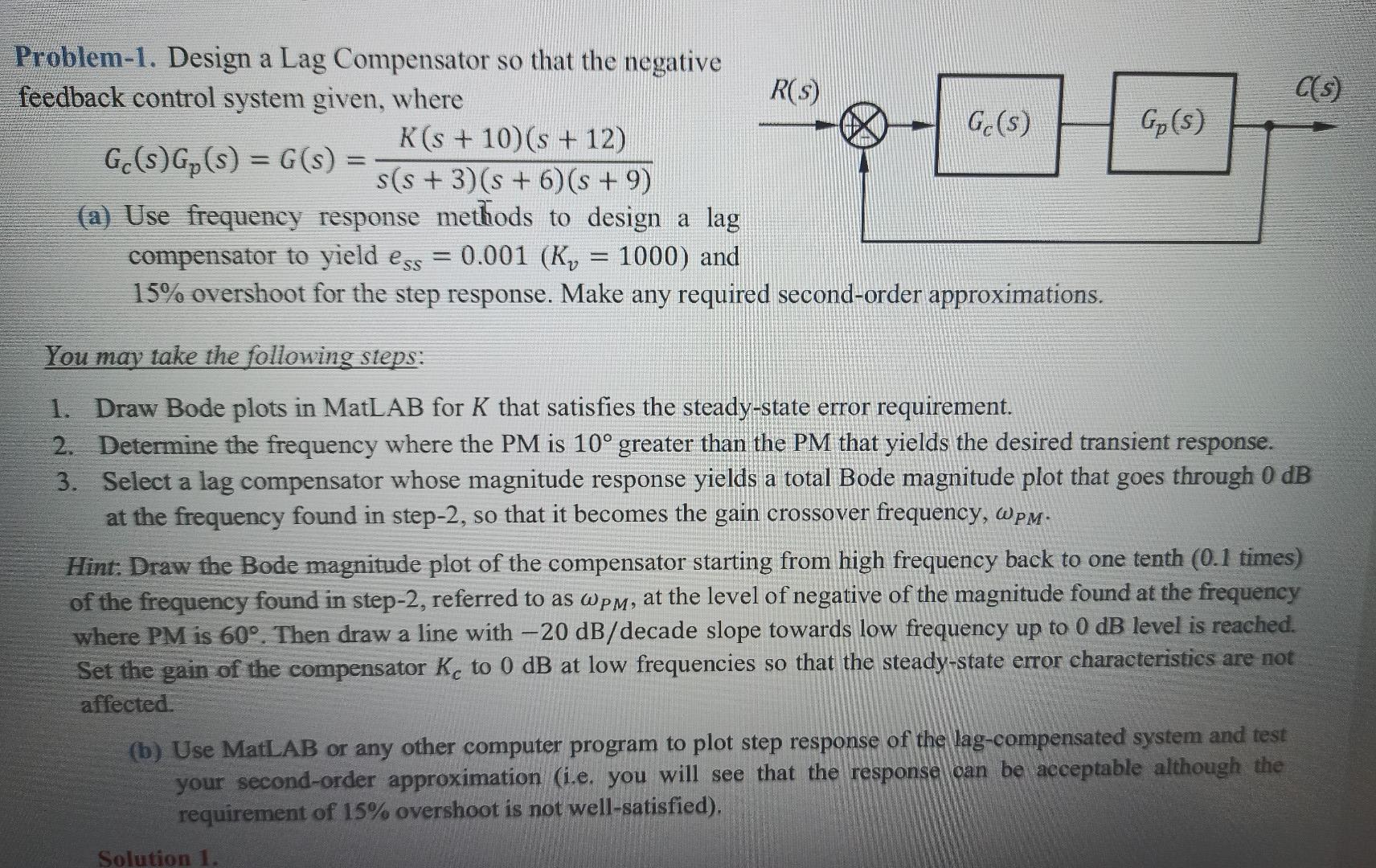 Solved Problem-1. Design a Lag Compensator so that the | Chegg.com
