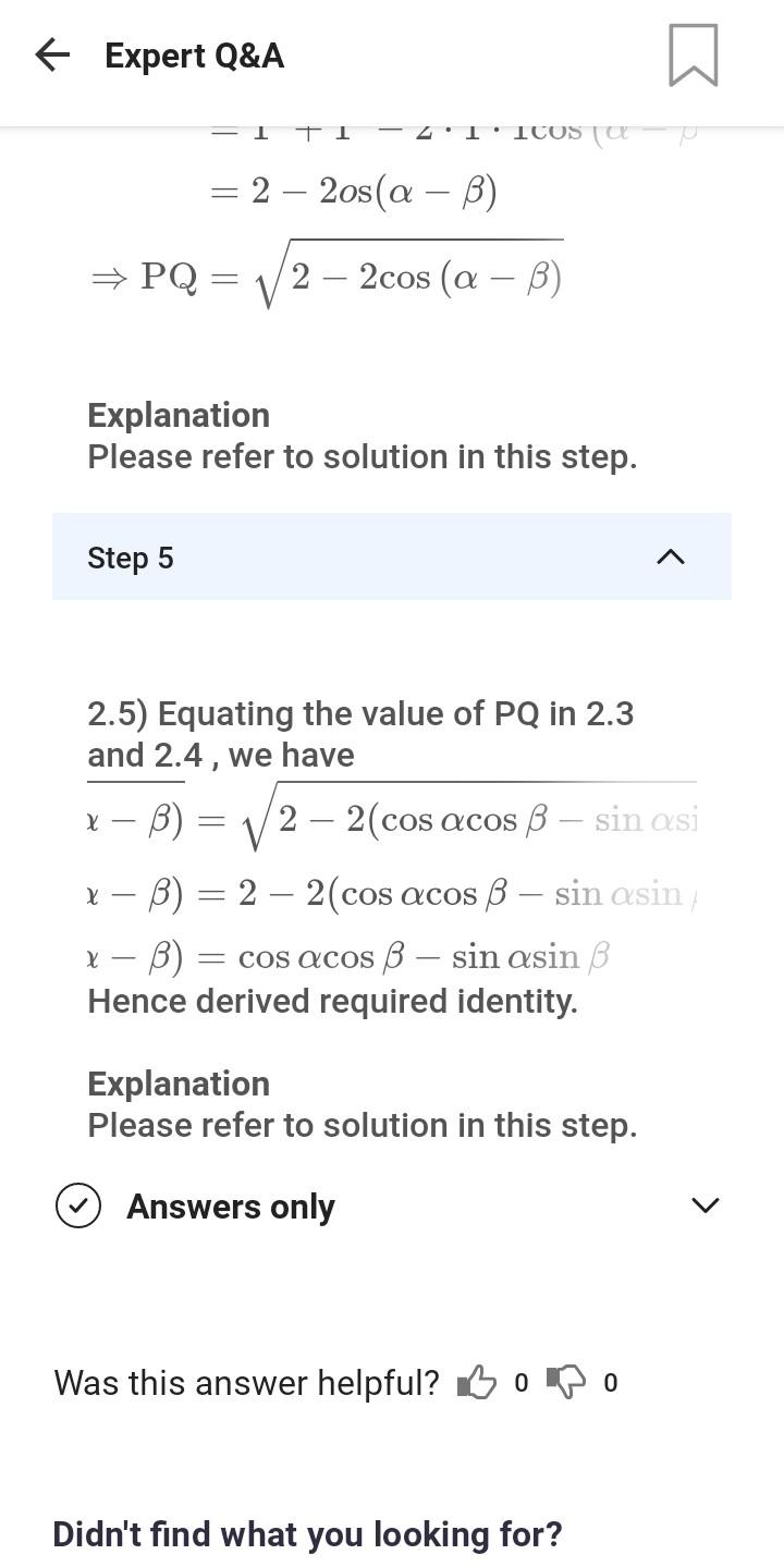 Solved ⇒PQ=2−2os(α−β)=2−2cos(α−β) Explanation Please refer | Chegg.com