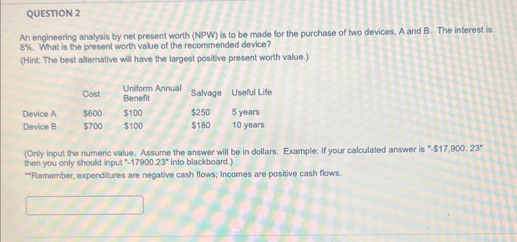 Solved QUESTION 2An engineering analysis by net present | Chegg.com