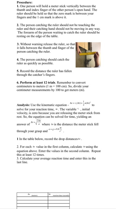 Solved Procedure: 1. One person will hold a meter stick | Chegg.com