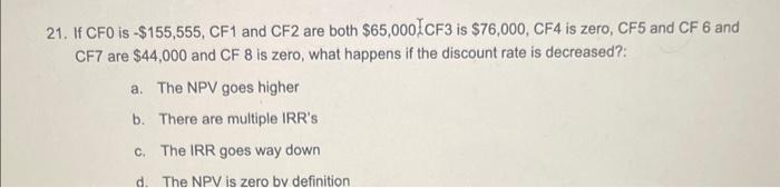 Solved 21. If CF0 is −$155,555, CF1 and CF2 are both $65,000 | Chegg.com