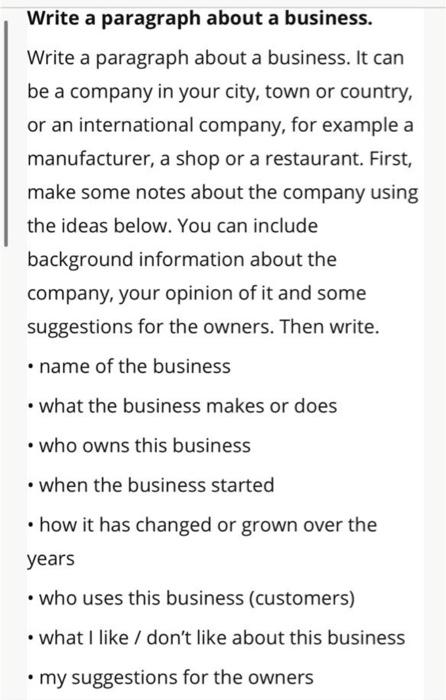 Solved Write a paragraph about a business. Write a paragraph | Chegg.com
