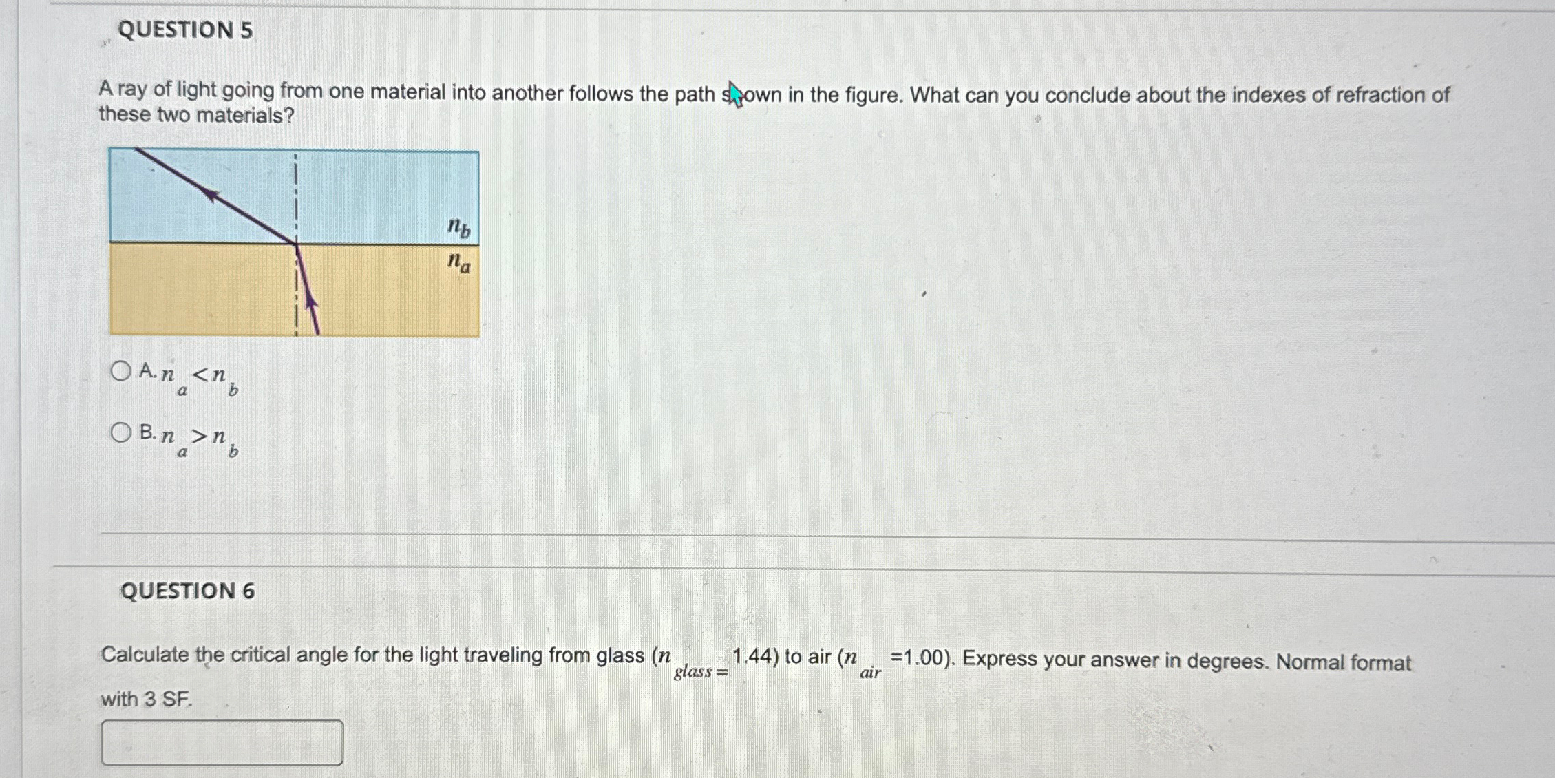 QUESTION 5A ray of light going from one material into | Chegg.com