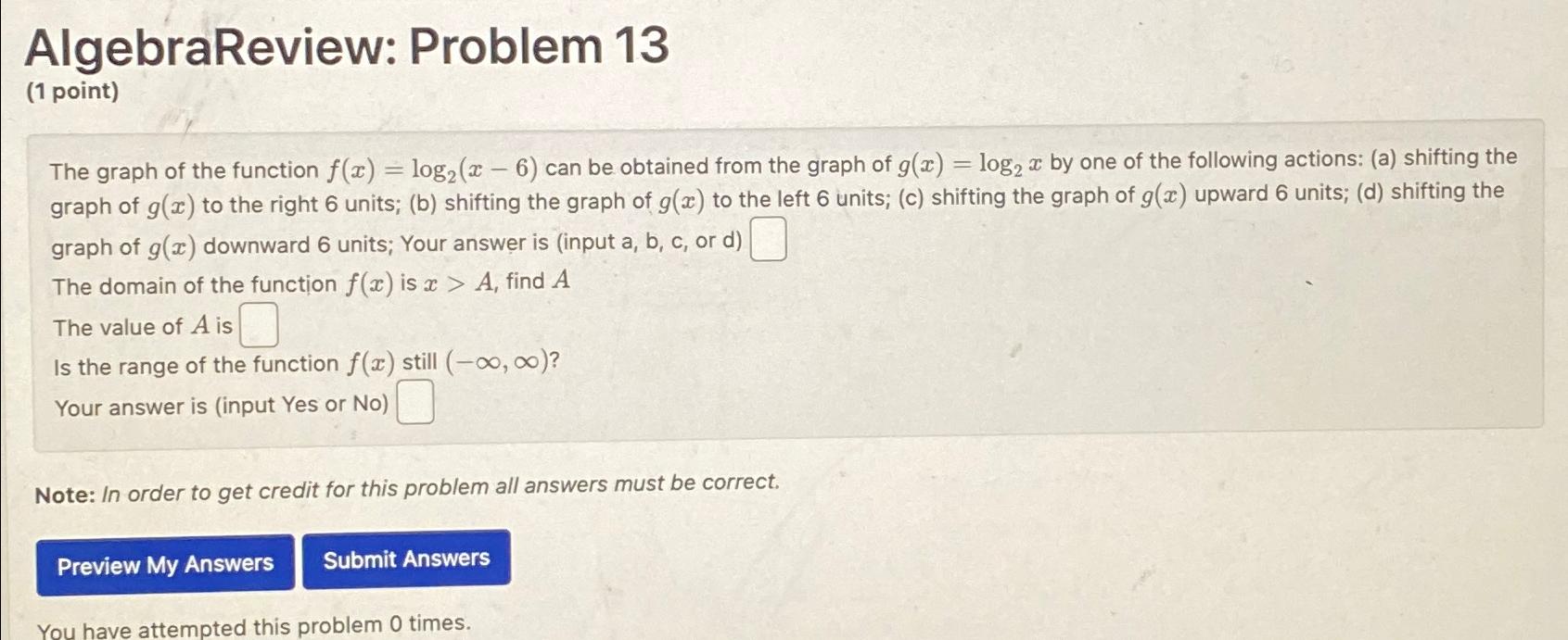 Solved AlgebraReview: Problem 13(1 ﻿point)The graph of the | Chegg.com