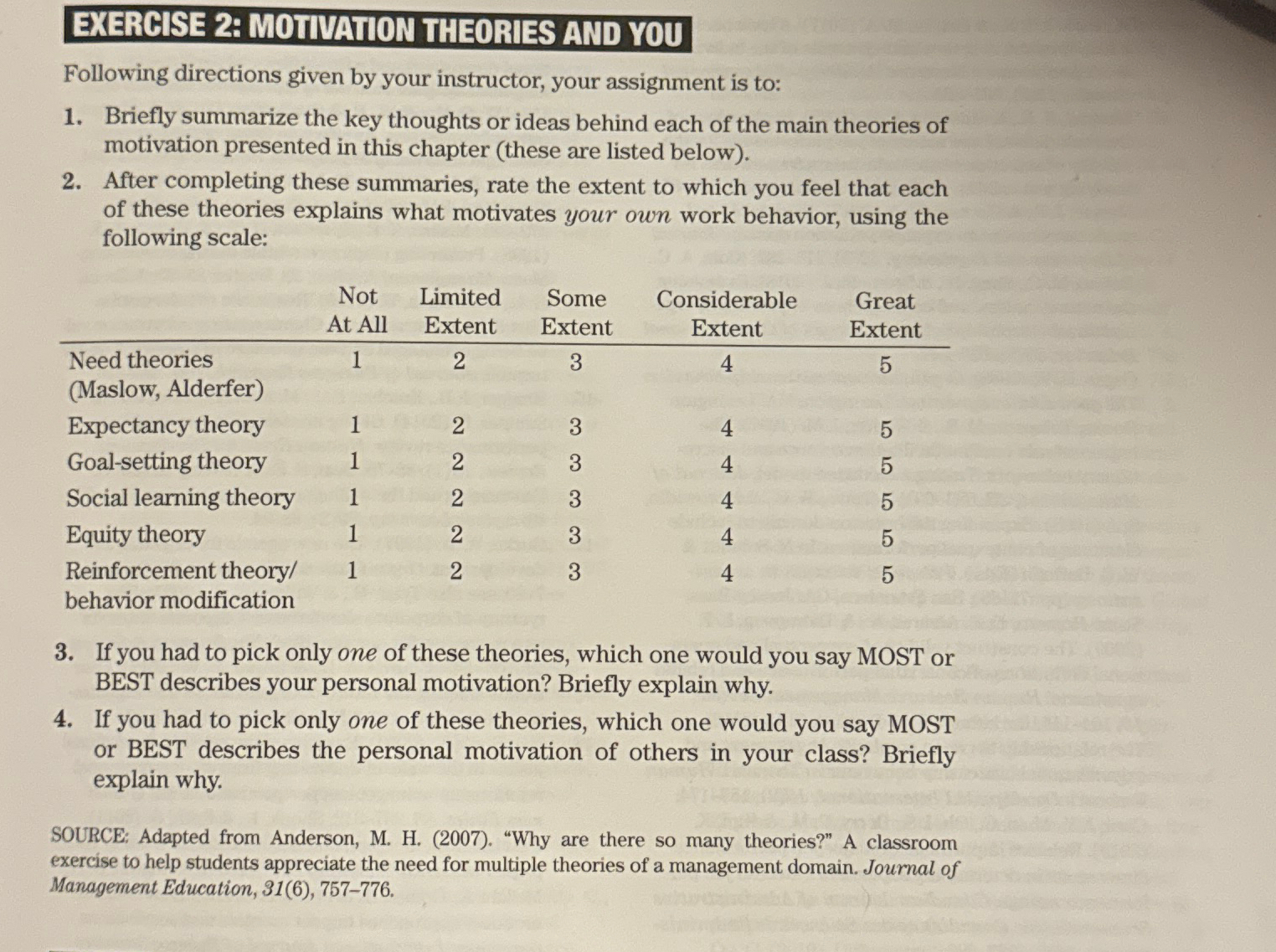 Solved EXERGISE 2: MOTIVATION THEORIES AND YOUFollowing | Chegg.com