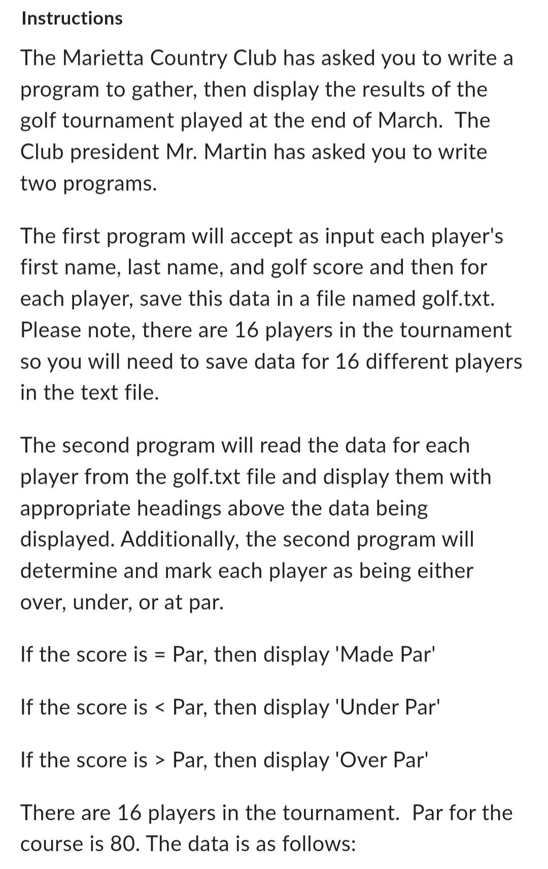 Solved Instructions The Marietta Country Club has asked you | Chegg.com