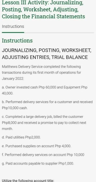 Solved Lesson III Activity: Journalizing, Posting, | Chegg.com