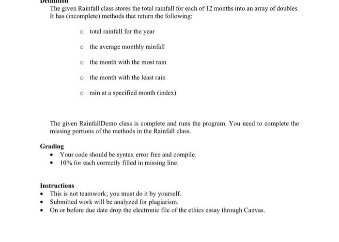 Solved The given Rainfall class stores the total rainfall | Chegg.com