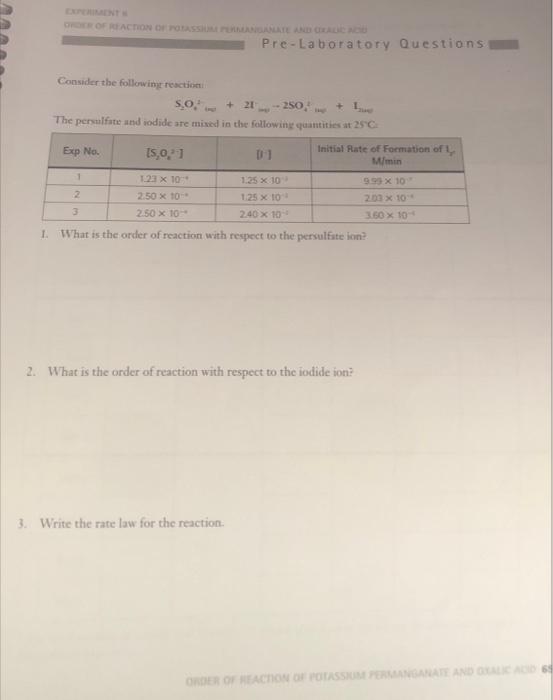 Solved EXPERIMENT 6 ORDER OF REACTION OF POTASSIUM | Chegg.com