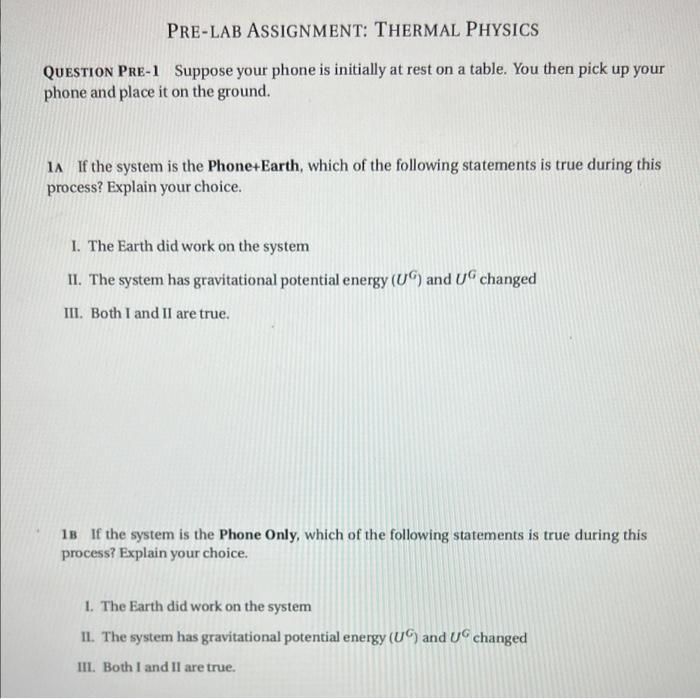 Solved PRE-LAB ASSIGNMENT: THERMAL PHYSICS QUESTION PRE-1 | Chegg.com