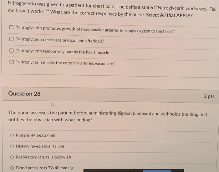 Solved Nitroglycerin was given to a patient for chest pain. | Chegg.com