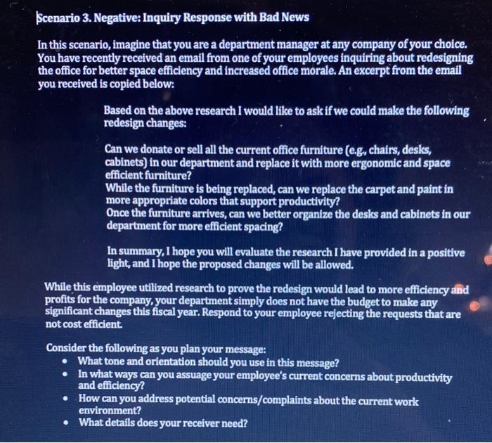 Solved Scenario 3. Negative: Inquiry Response with Bad News | Chegg.com