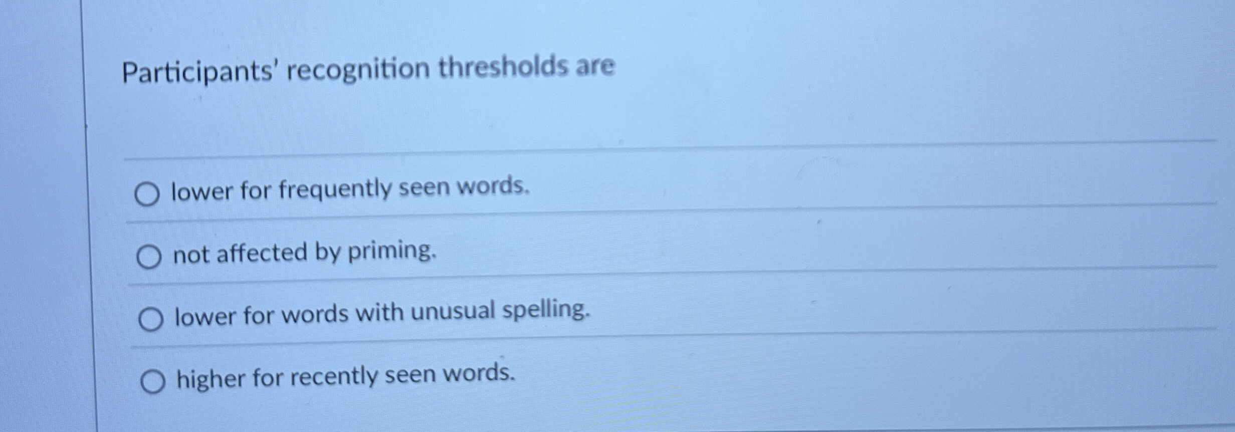 Solved Participants' recognition thresholds arelower for | Chegg.com