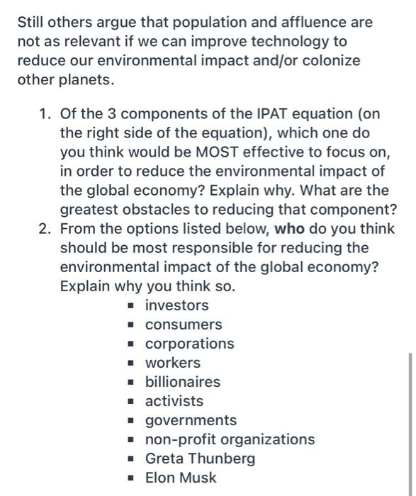 I = P x A x T Impact = Population x Affluence x | Chegg.com