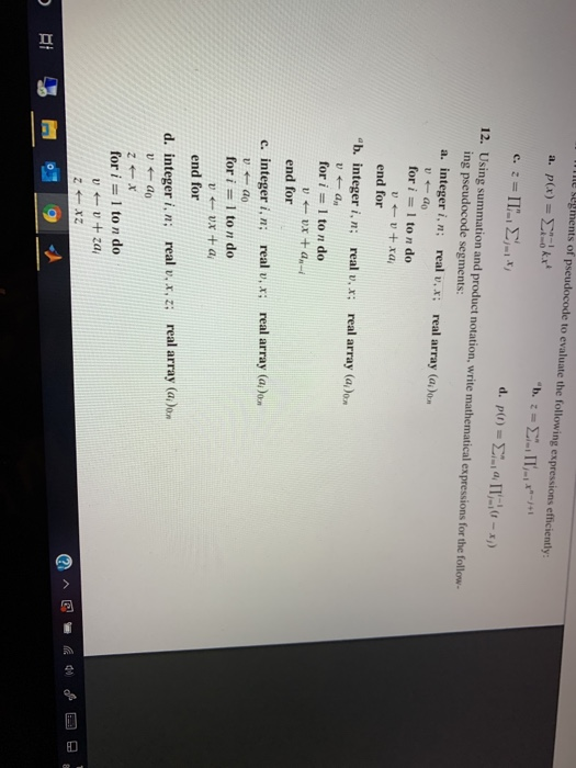 Solved Inte segments of pseudocode to evaluate the following | Chegg.com